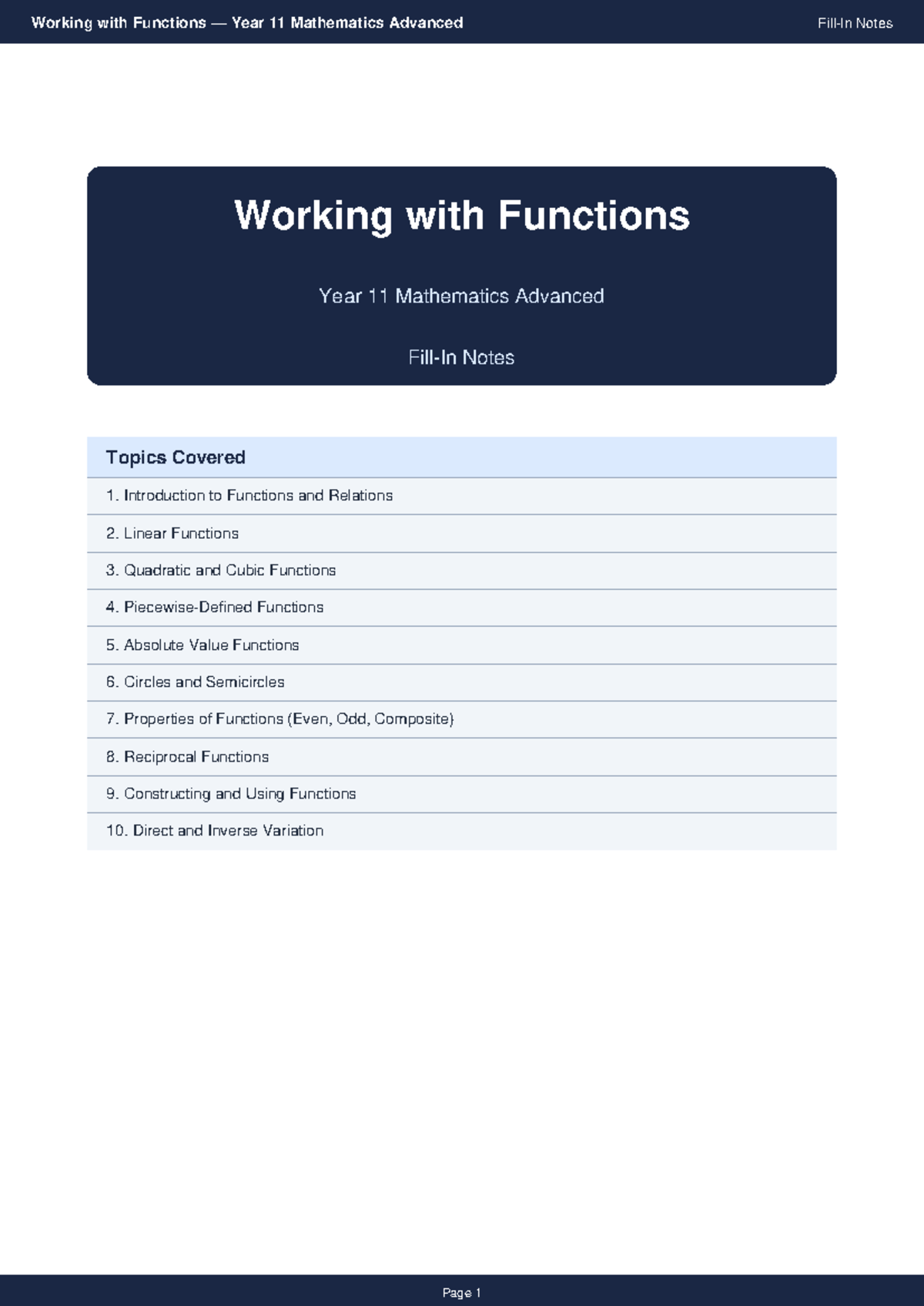 Year 11 Mathematics Advanced: Working with Functions Notes - Studocu
