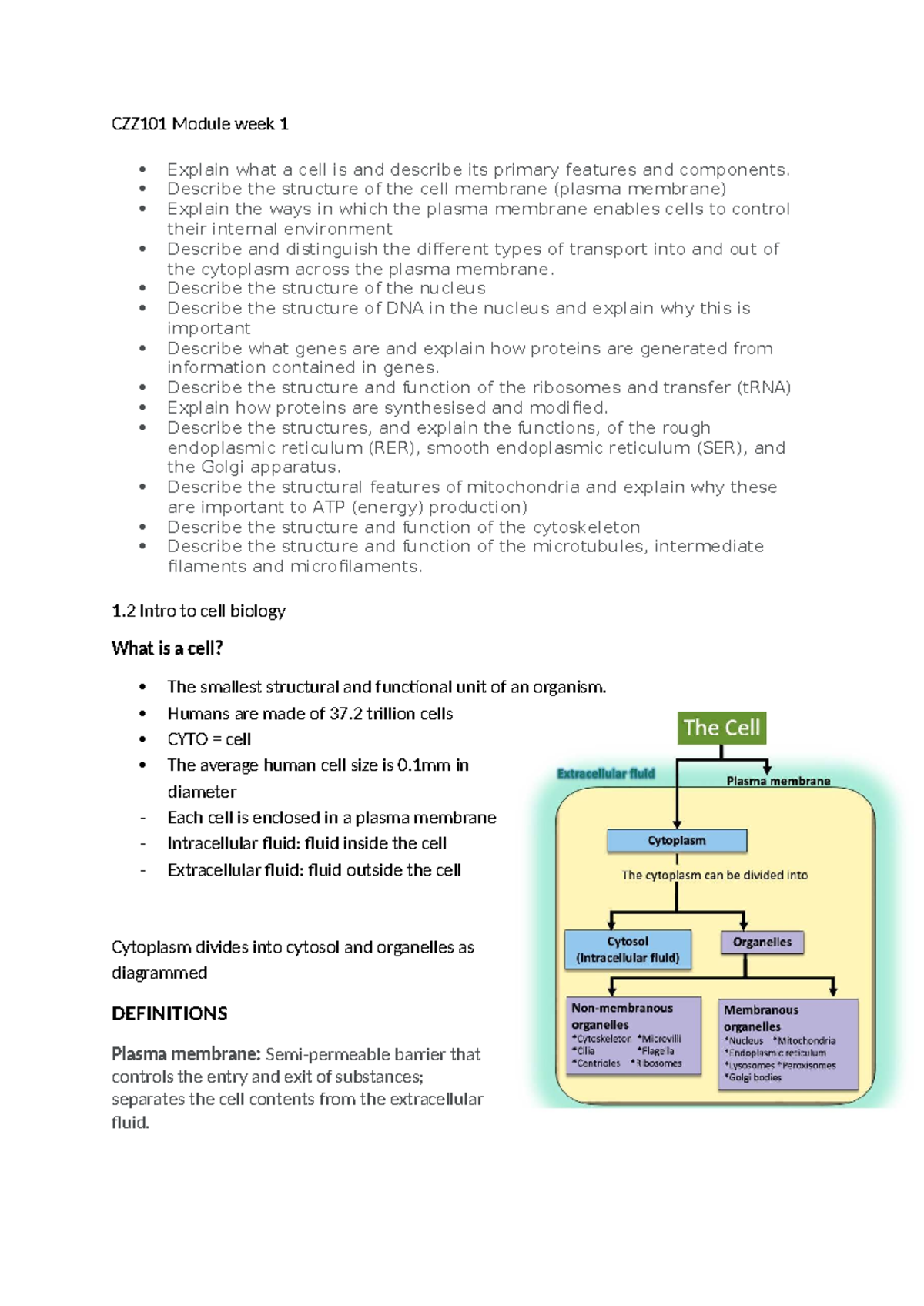 CZZ101 Week 1 Study Notes: Cell Structure & Function Overview - Studocu