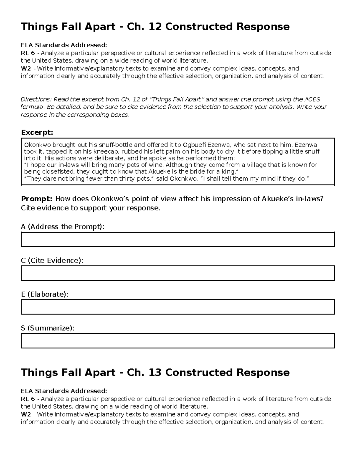 Things Fall Apartby Chinua Achebe Ch 12Ch13Constructed Response RL 6-1 ...