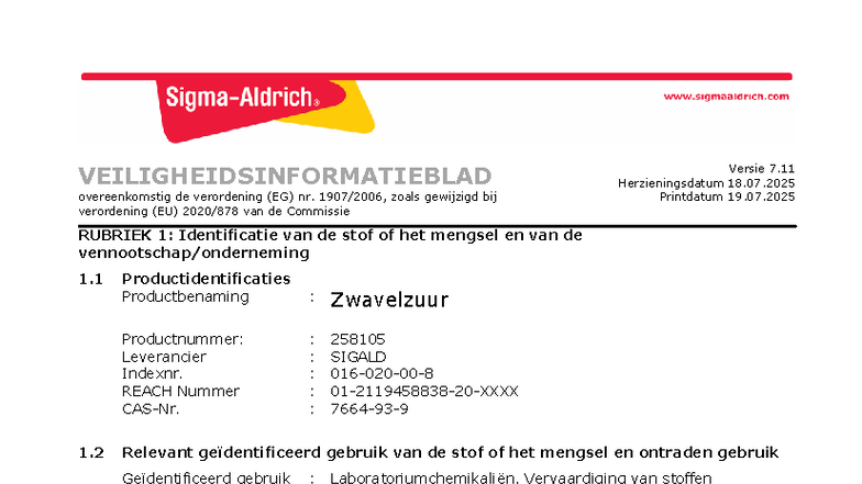 Zwavelzuur MSDS (Material Safety Data Sheet) - Sigma 258105 - Studeersnel