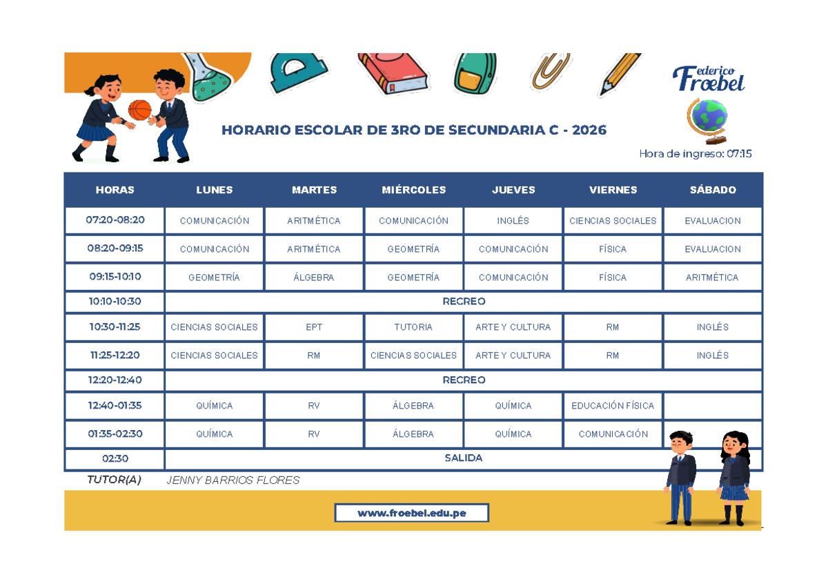 Horario Escolar DE 3RO DE Secundaria C - 2026 - HORAS LUNES MARTES ...