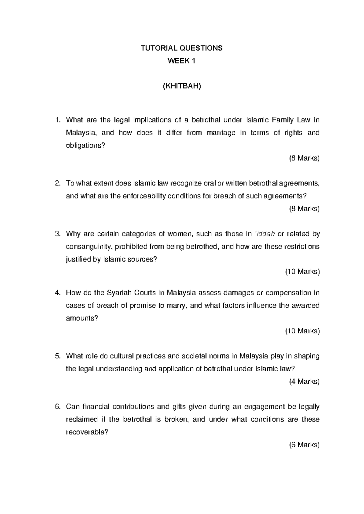TUTORIAL QUESTIONS WEEK 1 (KHITBAH) - ISLAMIC FAMILY LAW ISSUES - Studocu
