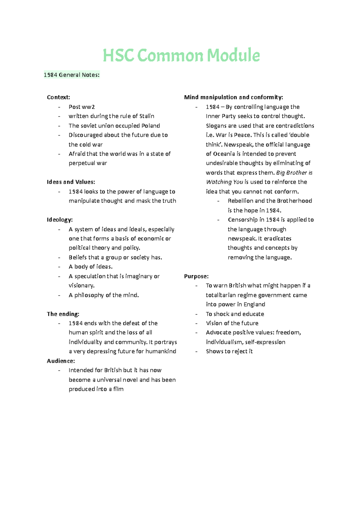 HSC Common Module: Analyzing Orwell's 1984 and Its Themes - Studocu