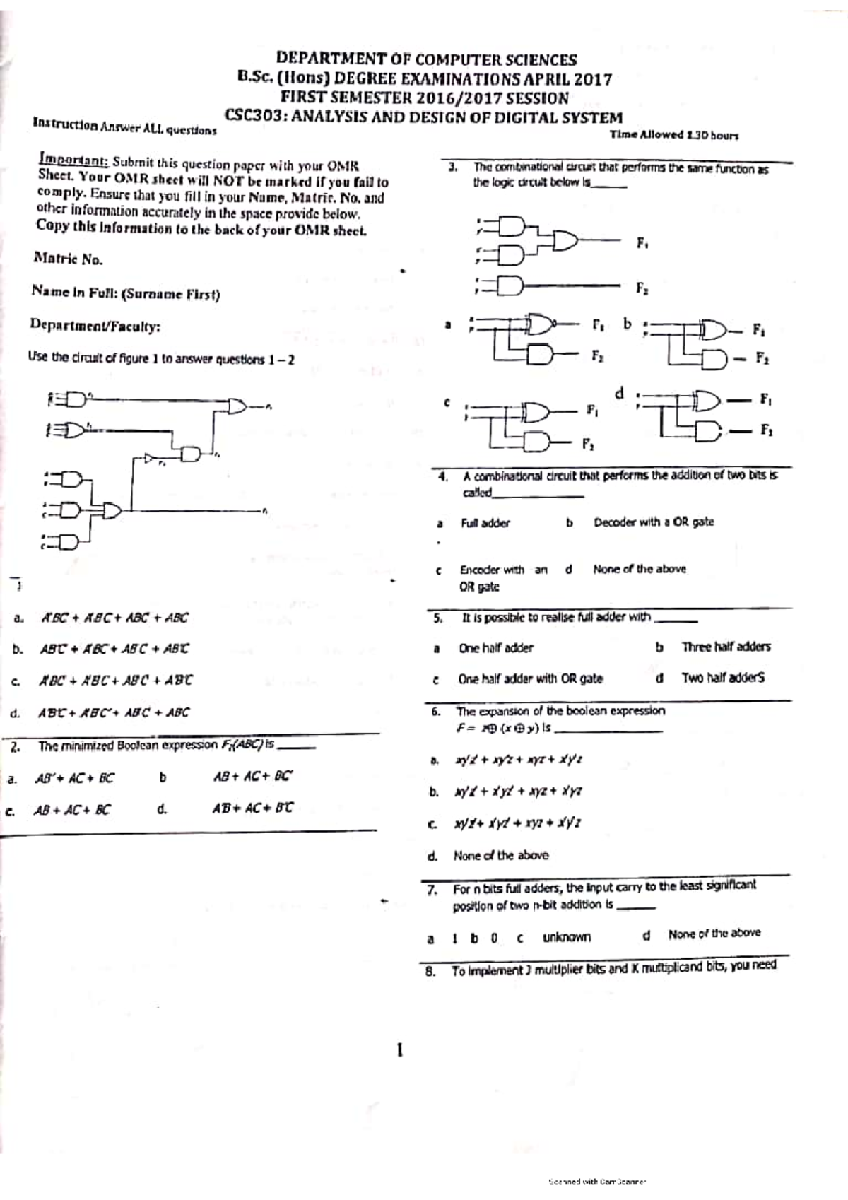CSC 303: Analysis and Design of Digital Systems - Past Exam Questions ...