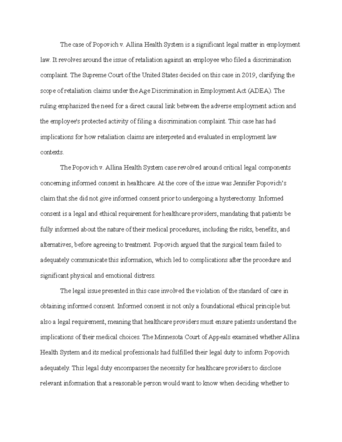 IHP 420 Week 7 Case Study Analysis: Popovich v. Allina Health System - Studocu