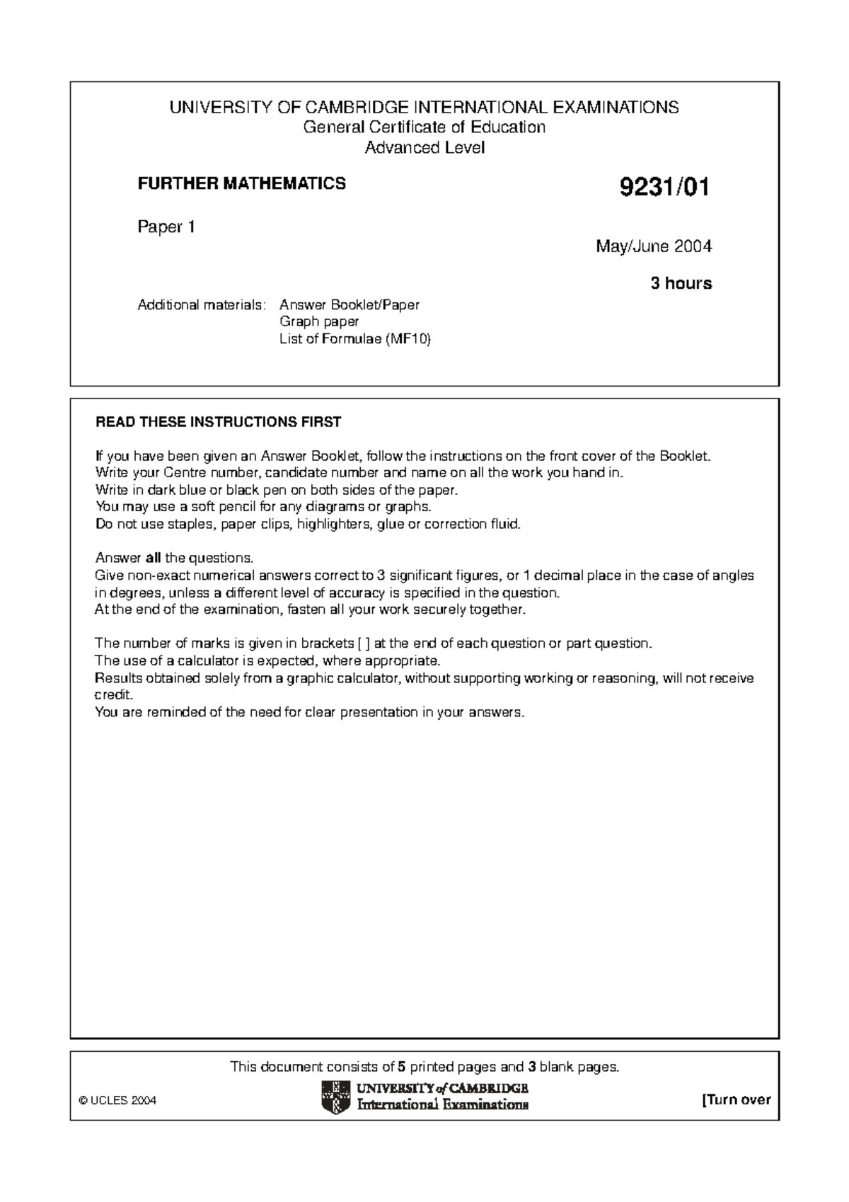 Further Mathematics 9231 S04 Paper 1 Exam Questions and Solutions - Studocu