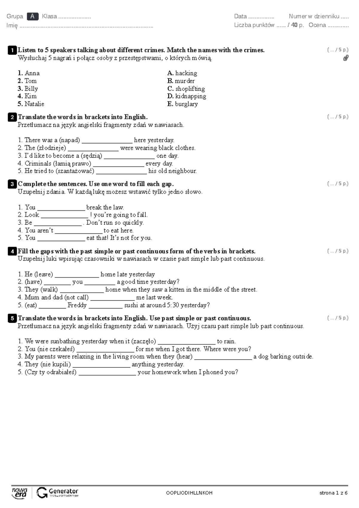 UNIT 6 TEST: Crime Vocabulary & Grammar Exercises - Studocu