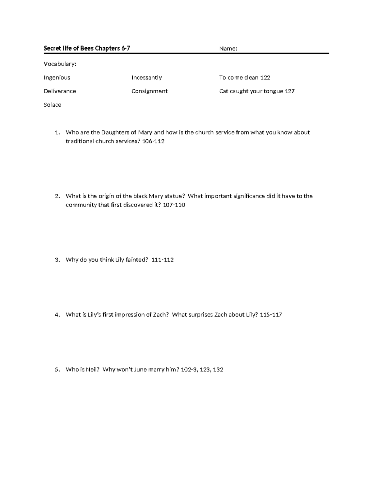 Bees Comprehension Questions Ch 6-7 - Secret life of Bees Chapters 6-7 ...