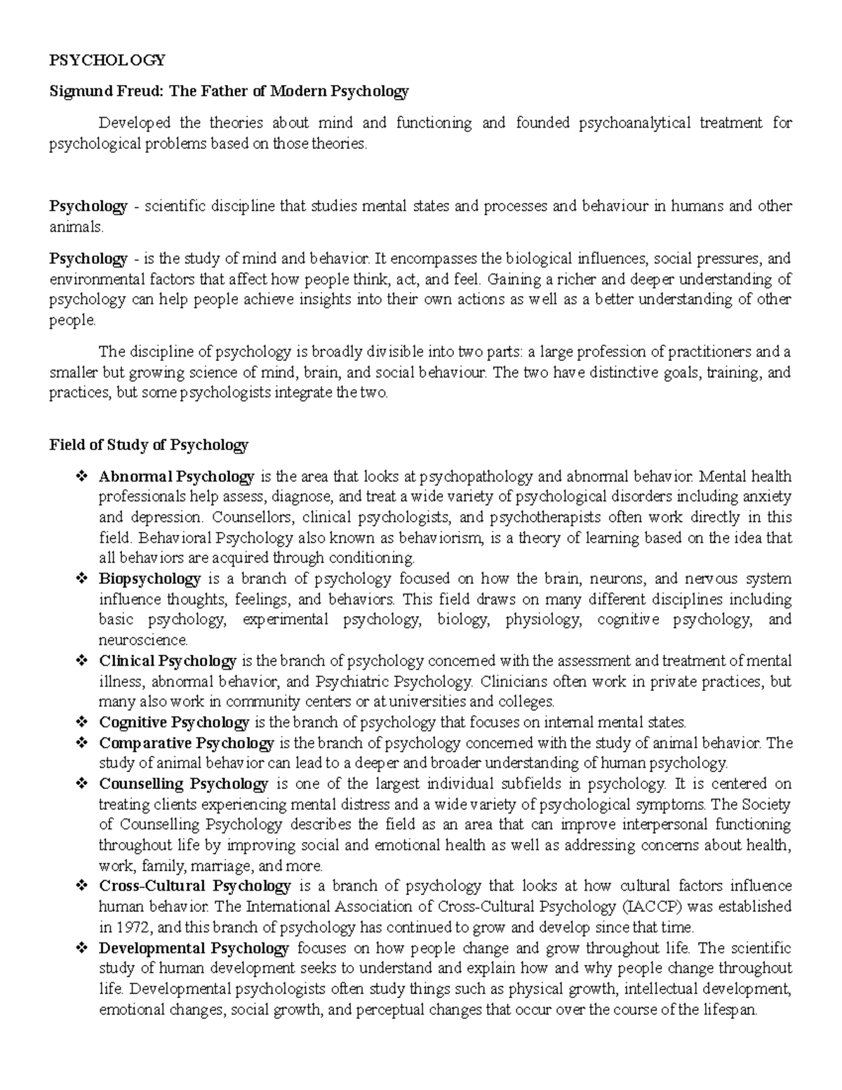 PSY 101: Overview of Psychology and Its Key Branches - Studocu