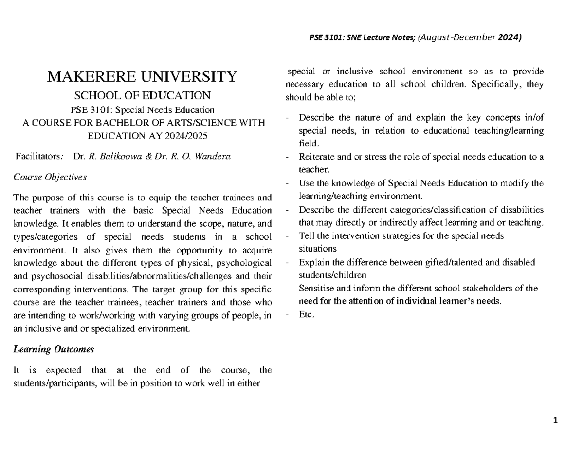 PSE 3101: Special Needs Education Lecture Notes 2024 - Studocu