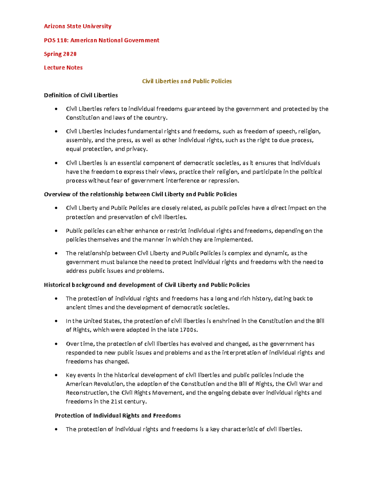POS 110 Lecture Notes 6 Civil Liberties and Public Policies - POS 110 ...