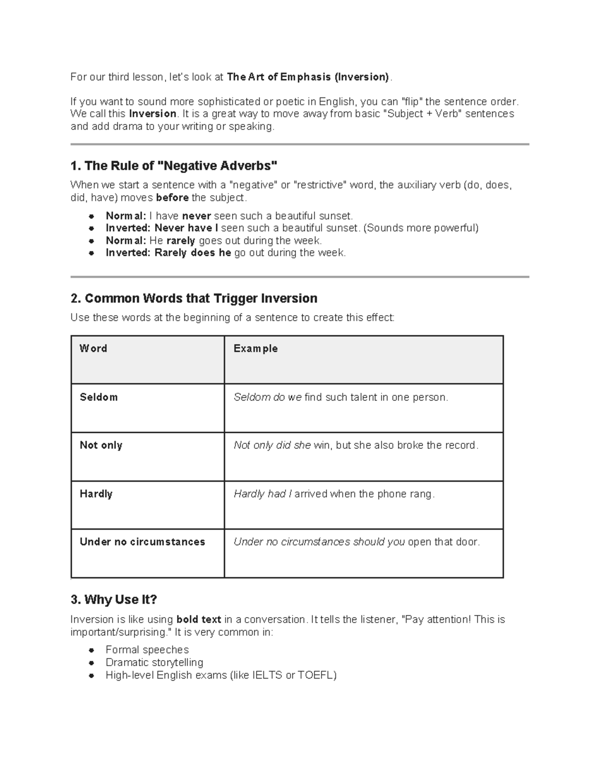 Eng2 - Lesson 3: The Art of Emphasis (Inversion) - Studocu
