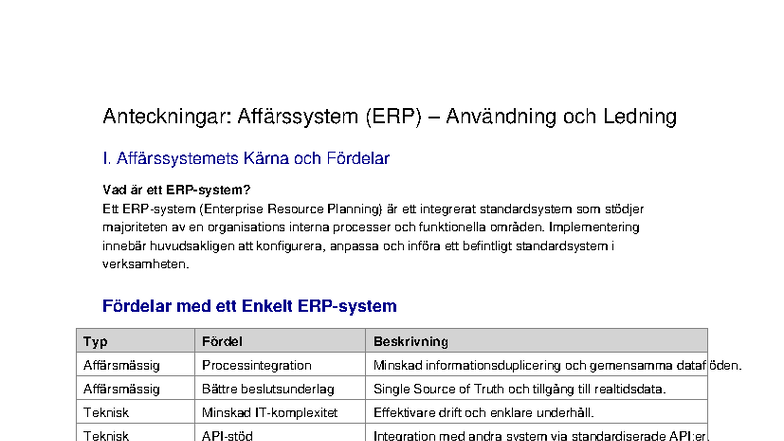 Anteckningar: Affärssystem (ERP) Användning och Ledning I ...