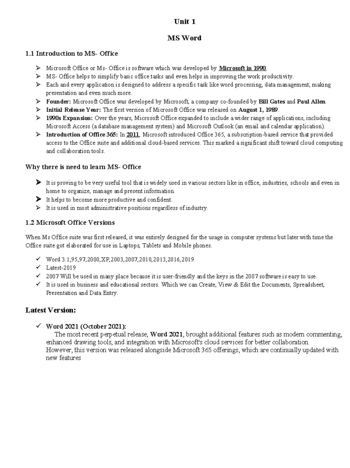 MS-WORD 101: Comprehensive Notes on Microsoft Office Basics - Studocu