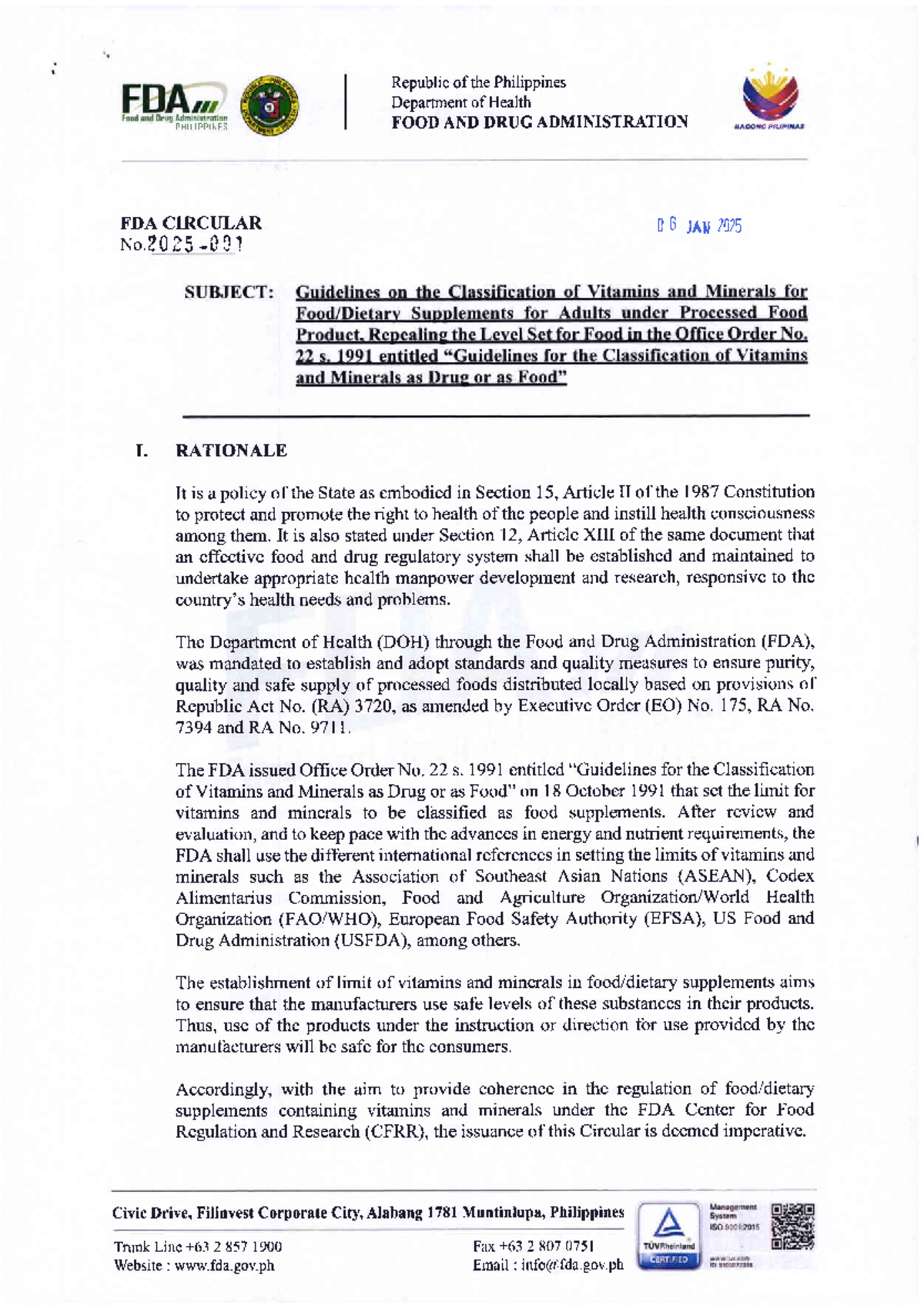 FDA Circular No. on Guidelines for Food Supplement Registration - Studocu