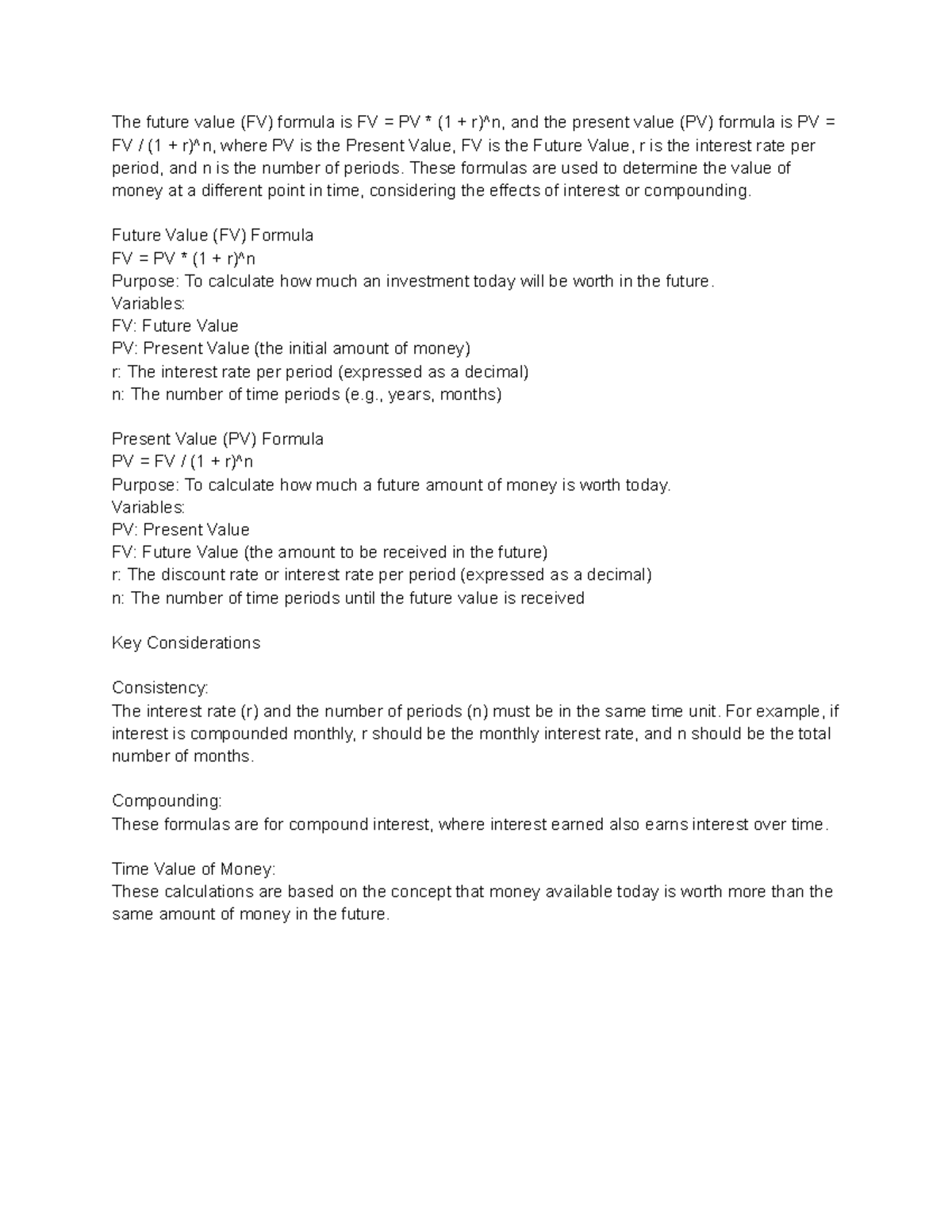 Lecture Notes on Future Value (FV) & Present Value (PV) Formulas - Studocu