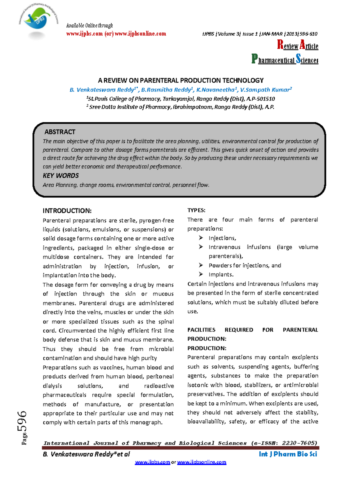 A Comprehensive Review on Parenteral Production Technology (IJPBS ...