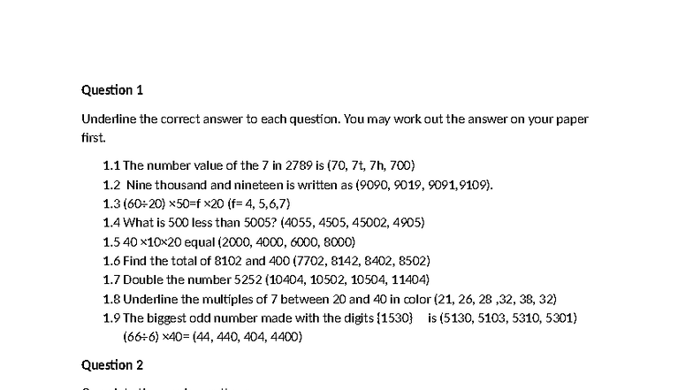 Math Quiz Questions and Answers for Course Code MATH101 - Studocu