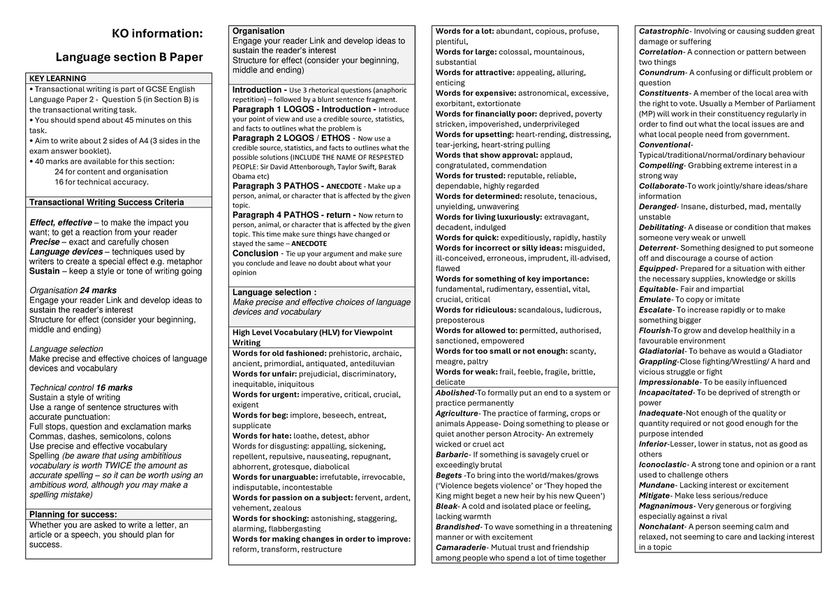 GCSE English Language Paper 2 Section B Writing Knowledge Organiser ...