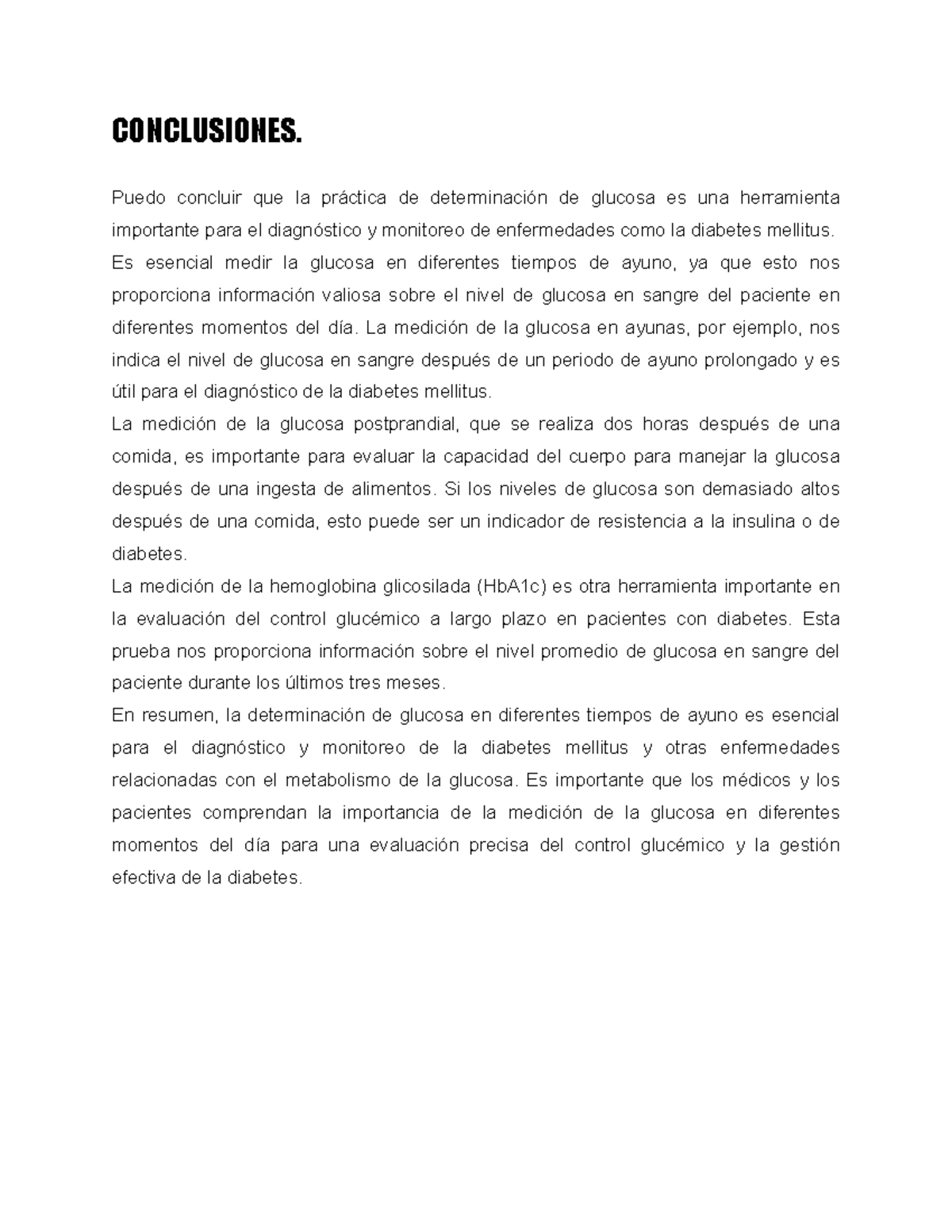 Conclusiones sobre la determinación de glucosa en diabetes - Studocu