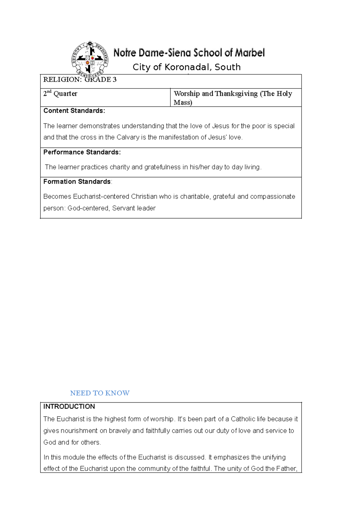 RELIGION GRADE 3: 2nd Quarter Worship & Thanksgiving Module - Studocu