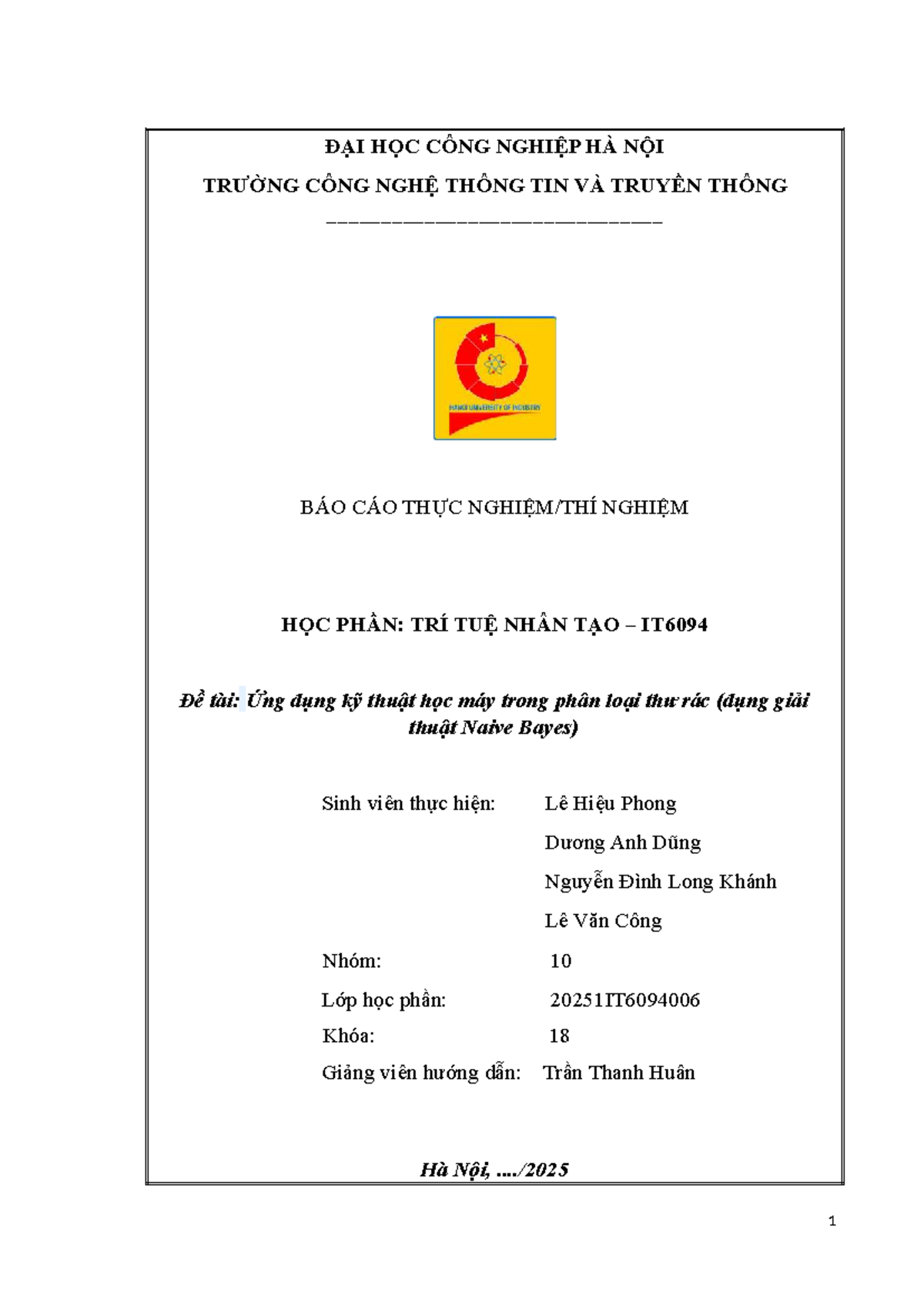 Báo cáo Thực nghiệm: Ứng dụng Naive Bayes trong Phân loại Thư rác ...