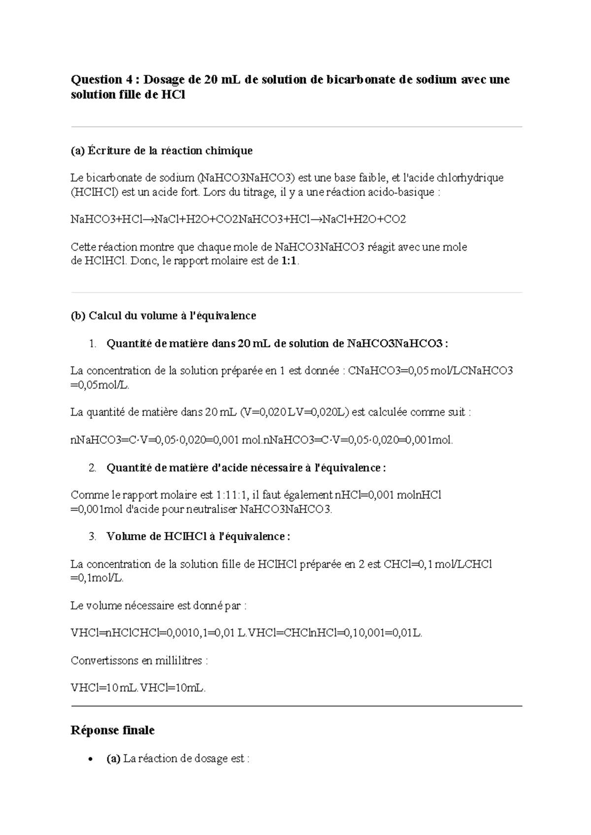 Titre : Titrage de NaHCO3 avec HCl : Réaction et Calculs (Chimie 101 ...