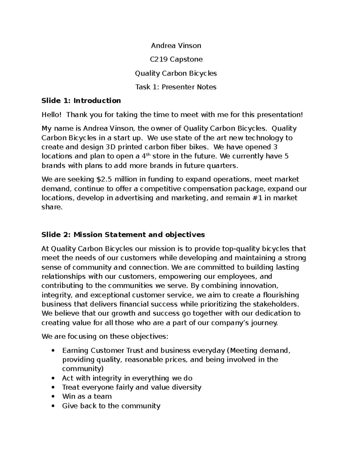 C219 Capstone: Task 1 Presenter Notes on Quality Carbon Bicycles - Studocu