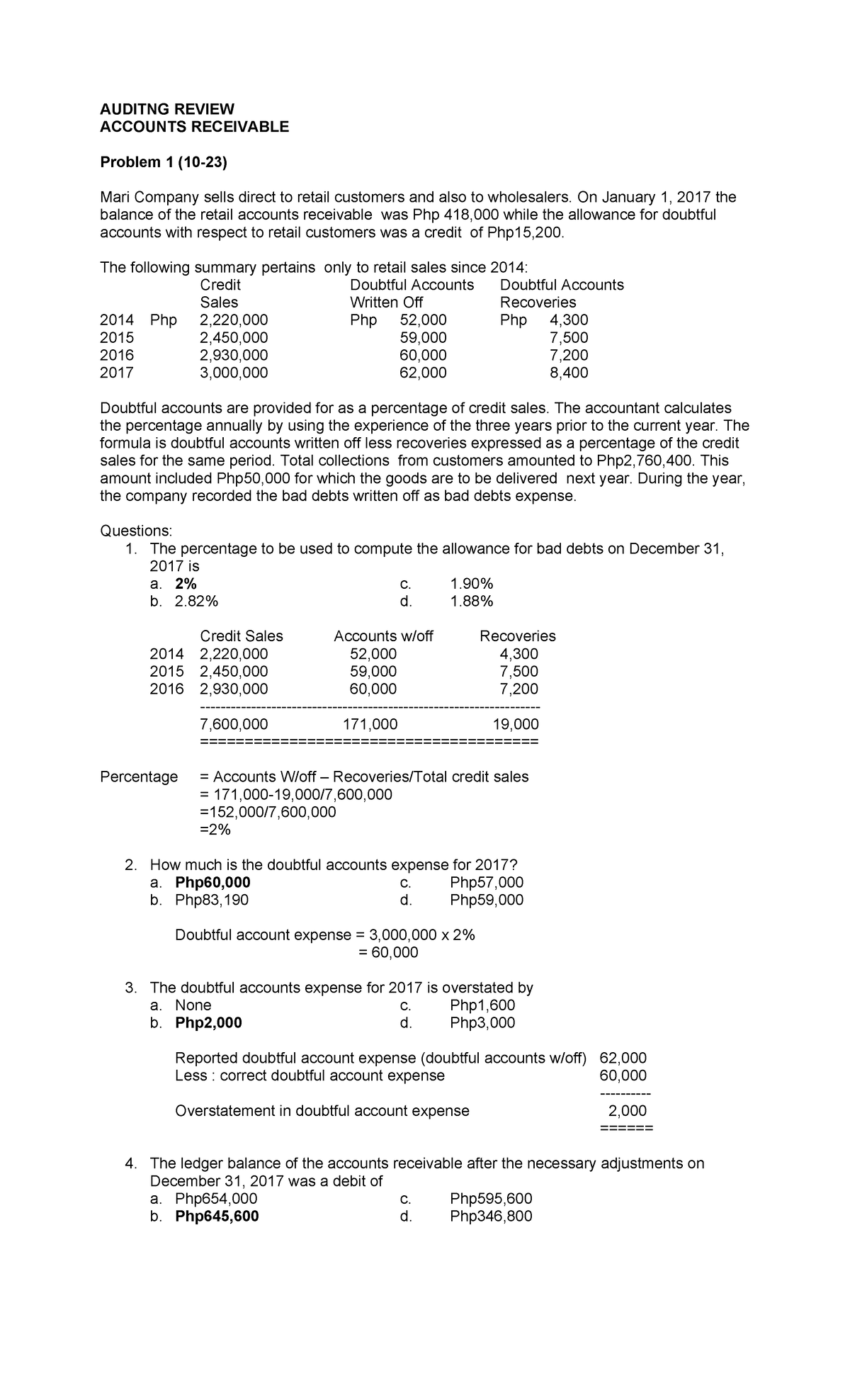 Audit Receivables Case Problems with Solutions (ACCT 101) - Studocu