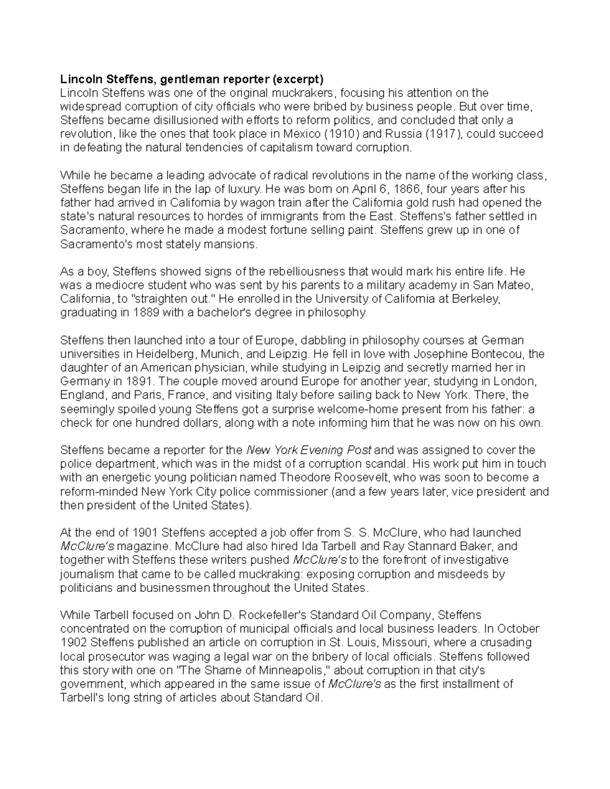 Lincoln Steffens: Muckraking and Municipal Corruption Insights - Studocu