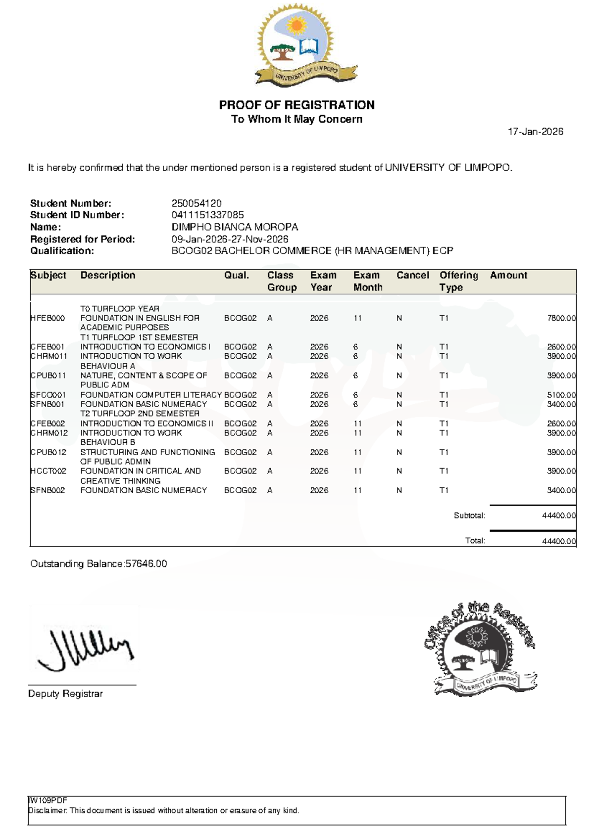Proof of Registration for BCOG02 - University of Limpopo - Studocu