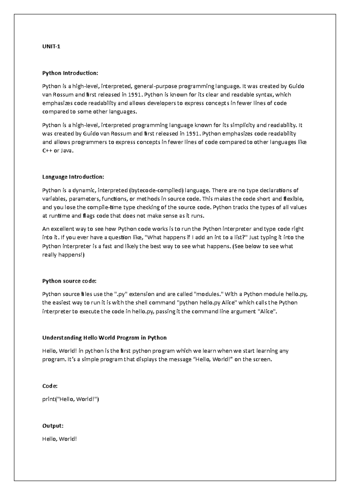 MSc_CS Python 1 Unit: Intro to Python Programming Concepts - Studocu