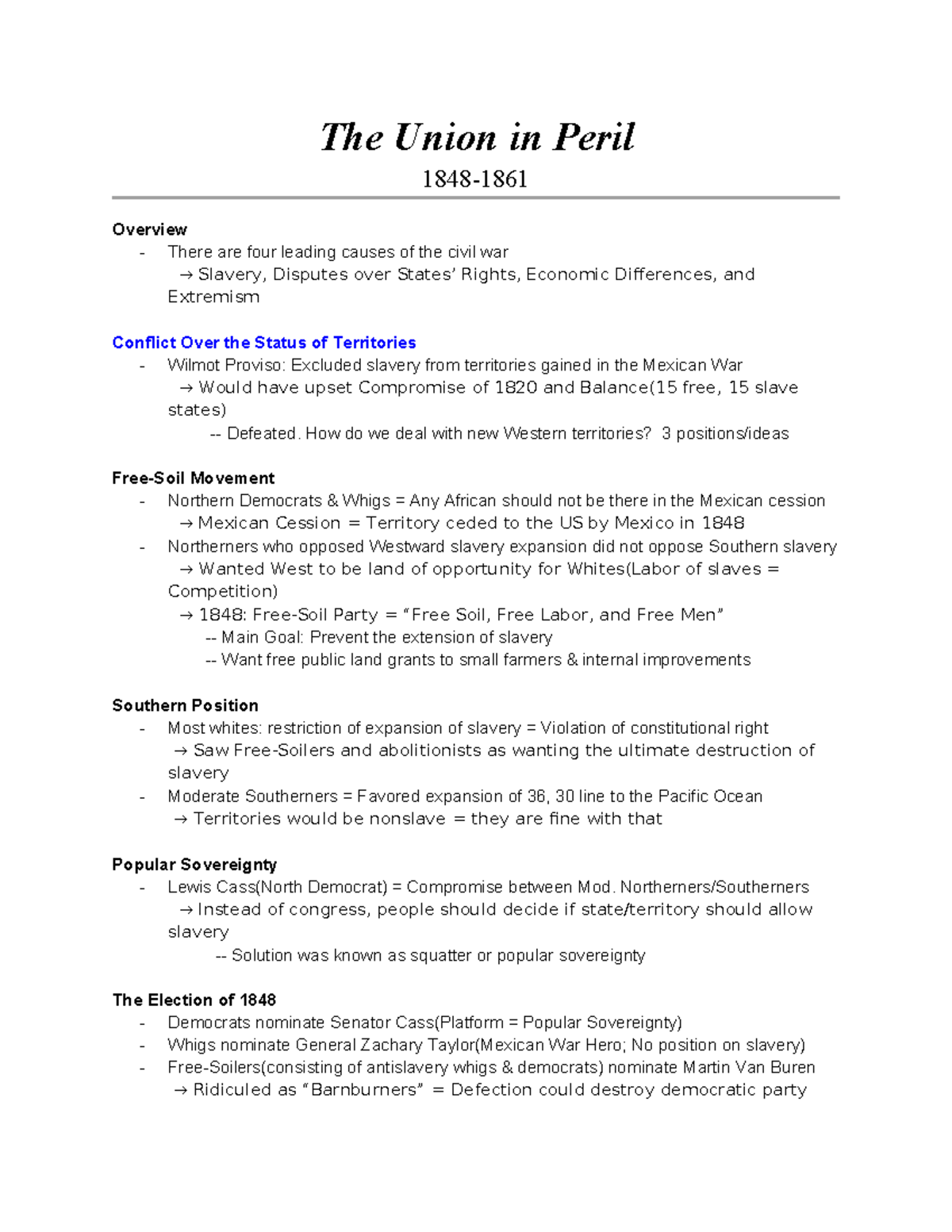 Amsco - Chapter 13 - Detailed Notes - The Union in Peril 1848- Overview ...