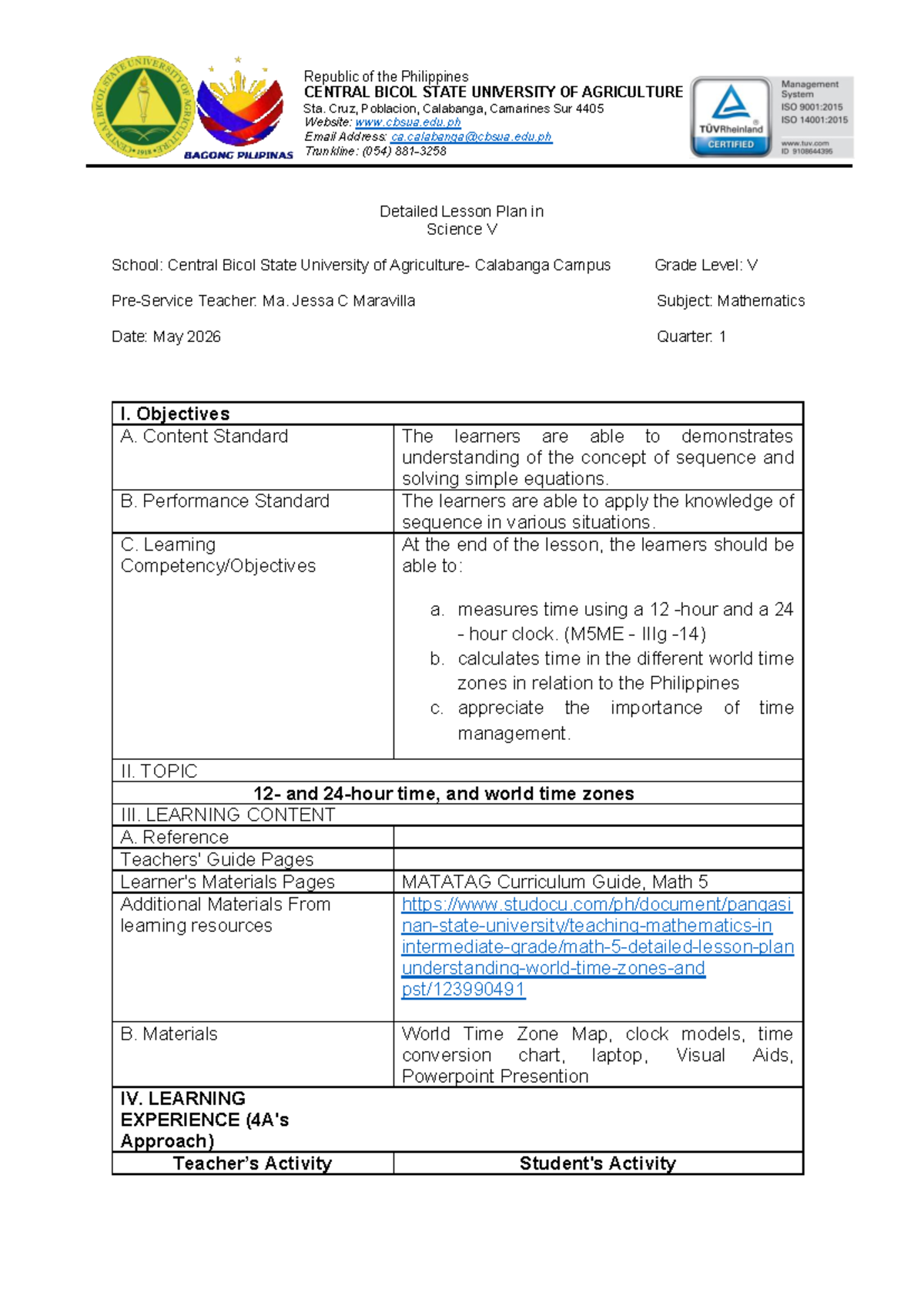 DLP-Math5: Detailed Lesson Plan on Time and World Time Zones - Studocu