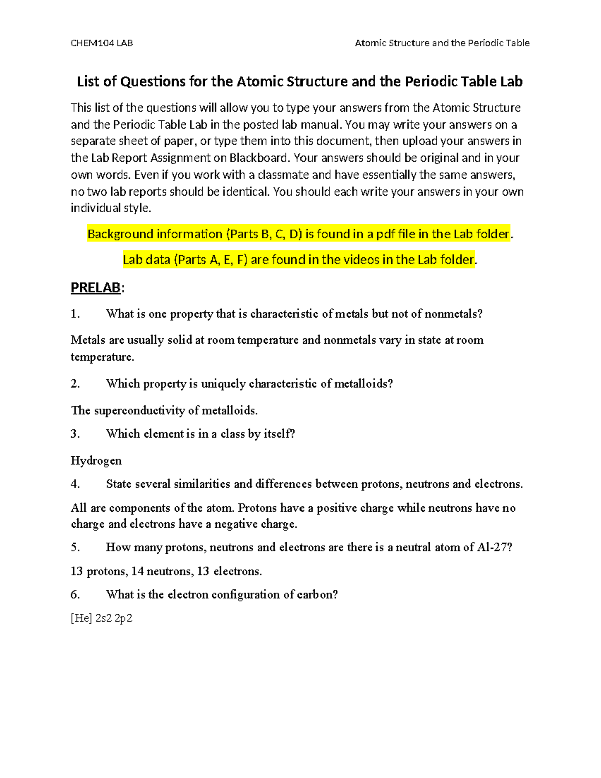 CHEM104 Lab #3 Report: Questions on Atomic Structure & PT, Fall 2020 ...