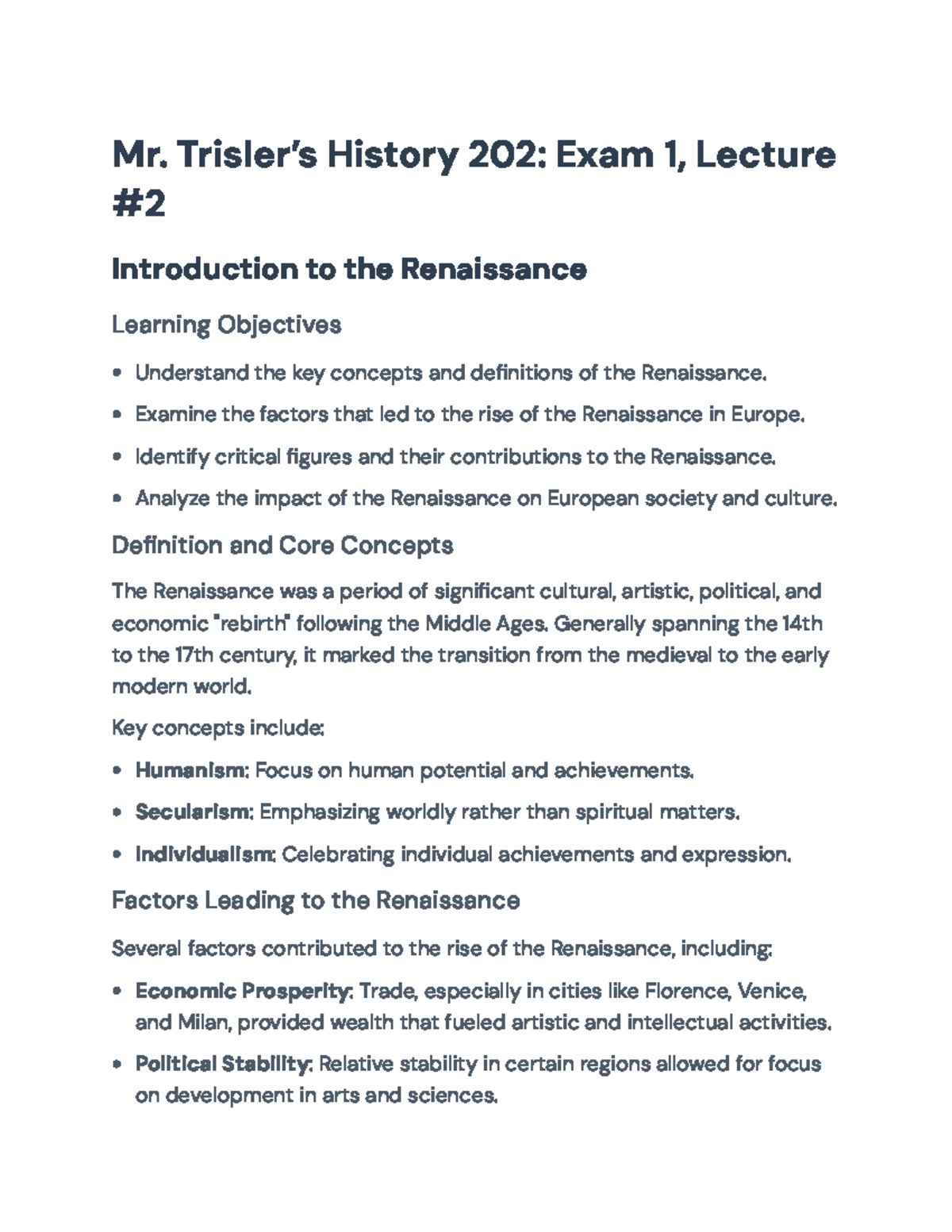 History 202: Exam 1 Lecture Notes on the Renaissance Overview - Mr ...