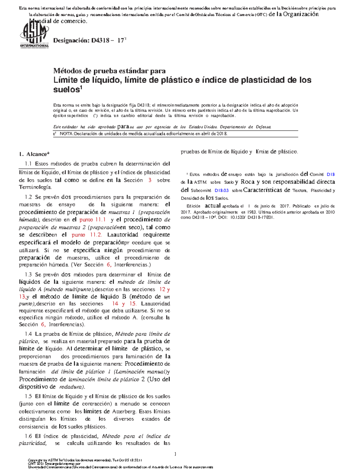 Métodos de Prueba para Límites de Atterberg según ASTM D4318-17 - Studocu