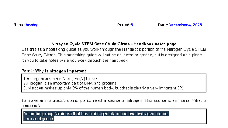 Nitrogen Cycle STEM Case Study Gizmo Notes (Period 6) - Studocu