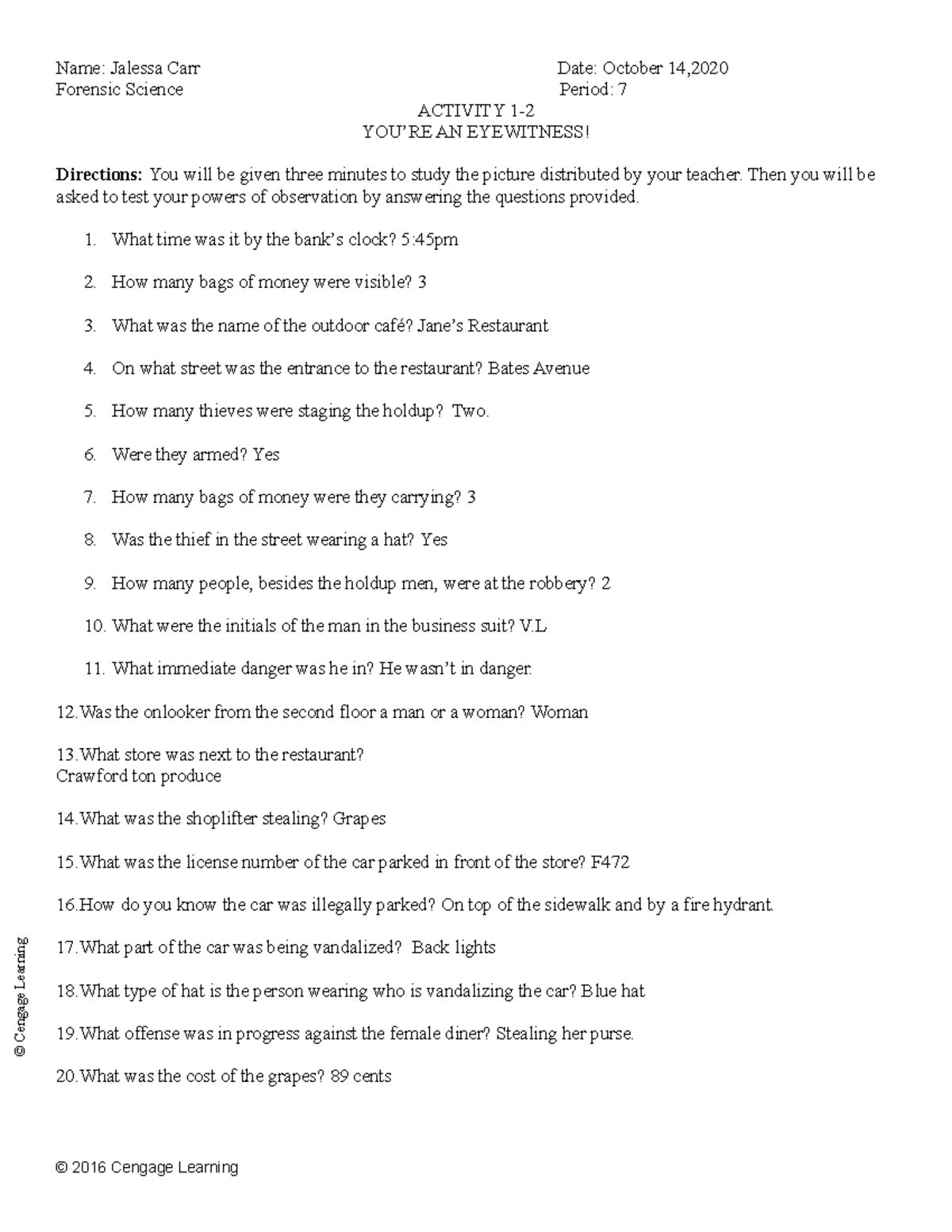 Forensic Science Period 7: Eyewitness Observation Activity 2 - Studocu