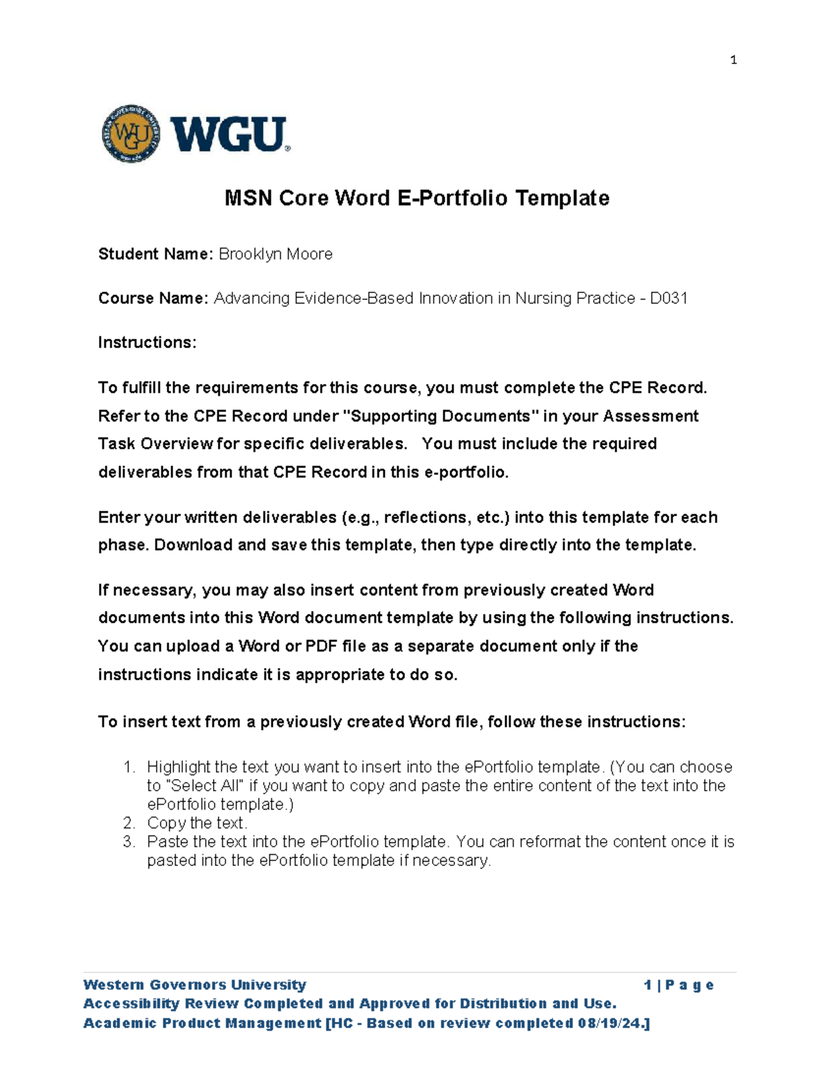 CPE Record Template for Advancing Innovation in Nursing Practice D031 ...