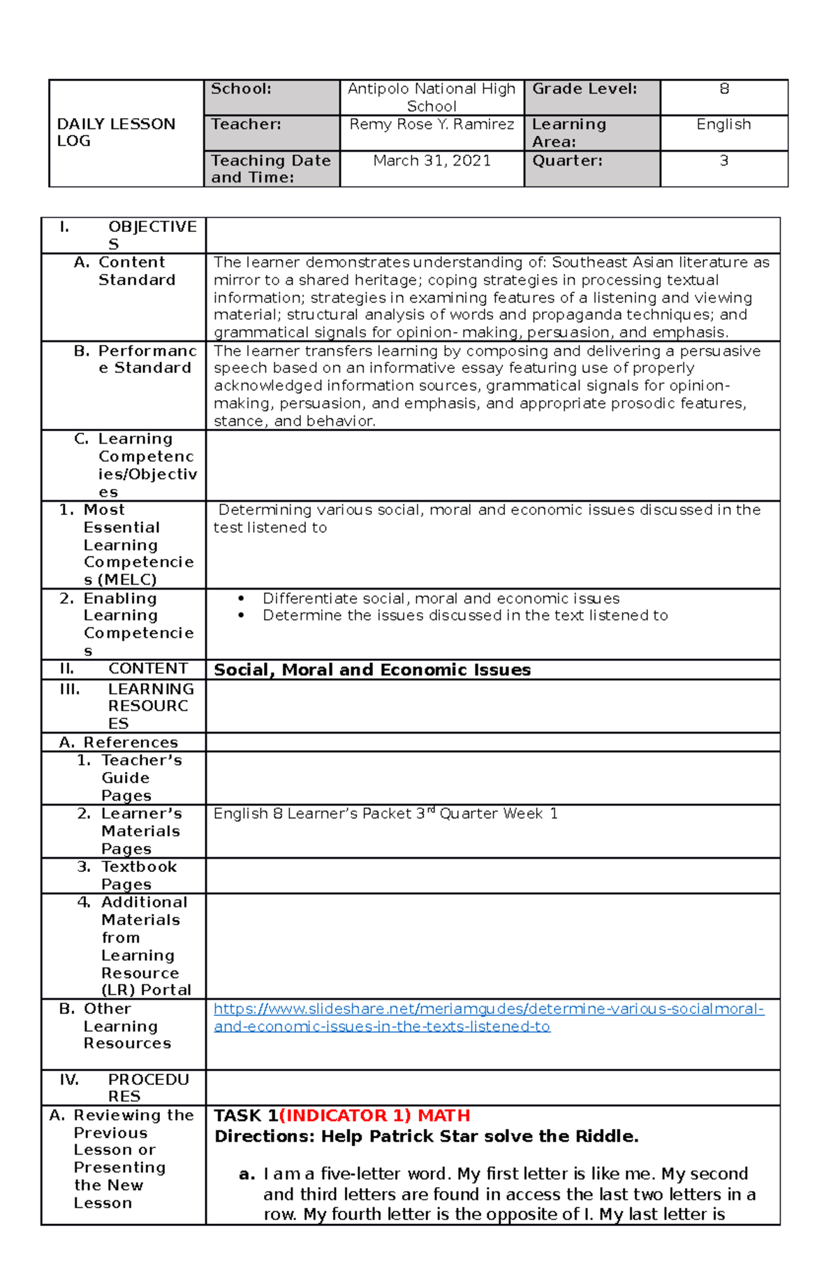 Lesson Plan: Exploring Social, Moral, and Economic Issues (English 8 ...