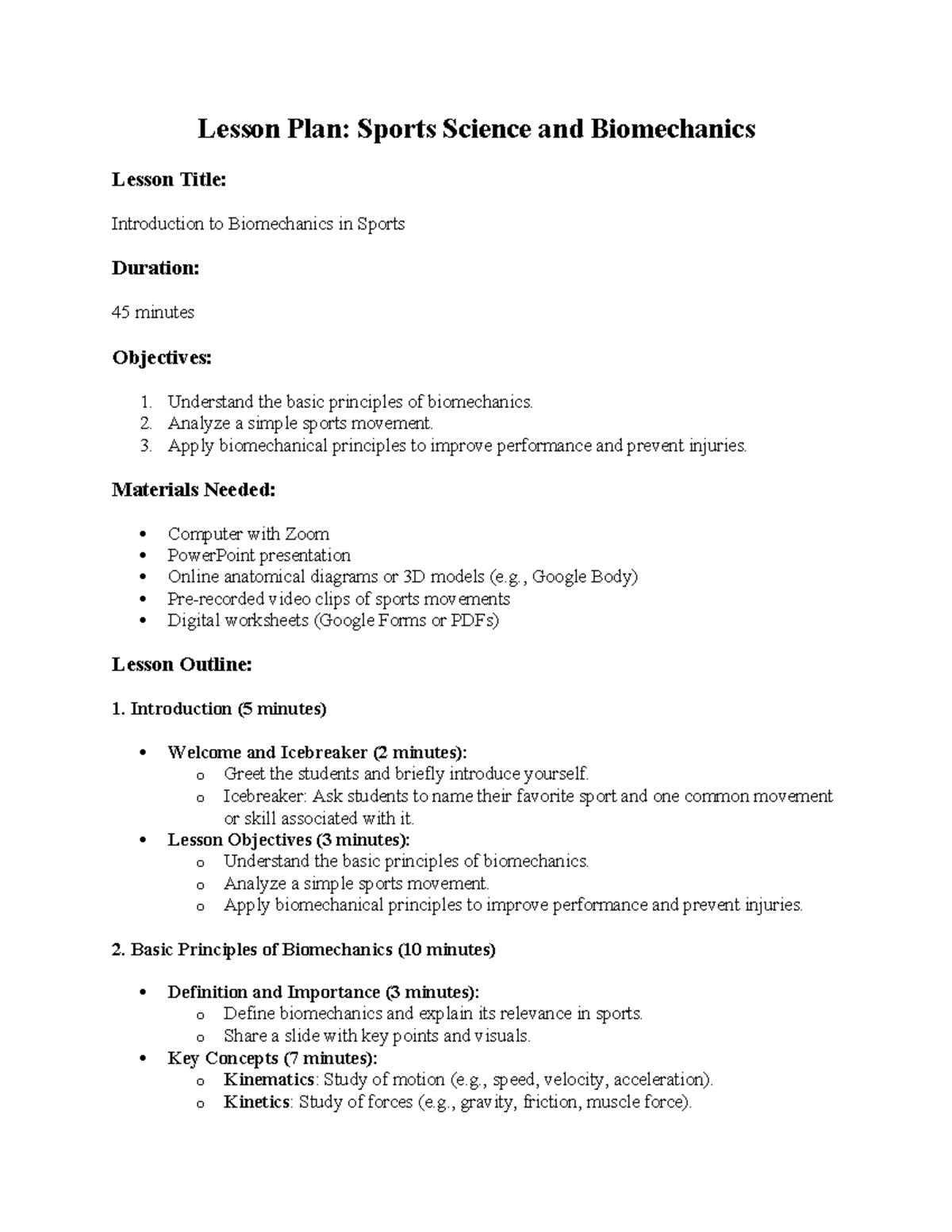 Sports Science & Biomechanics Lesson Plan: Principles & Applications ...