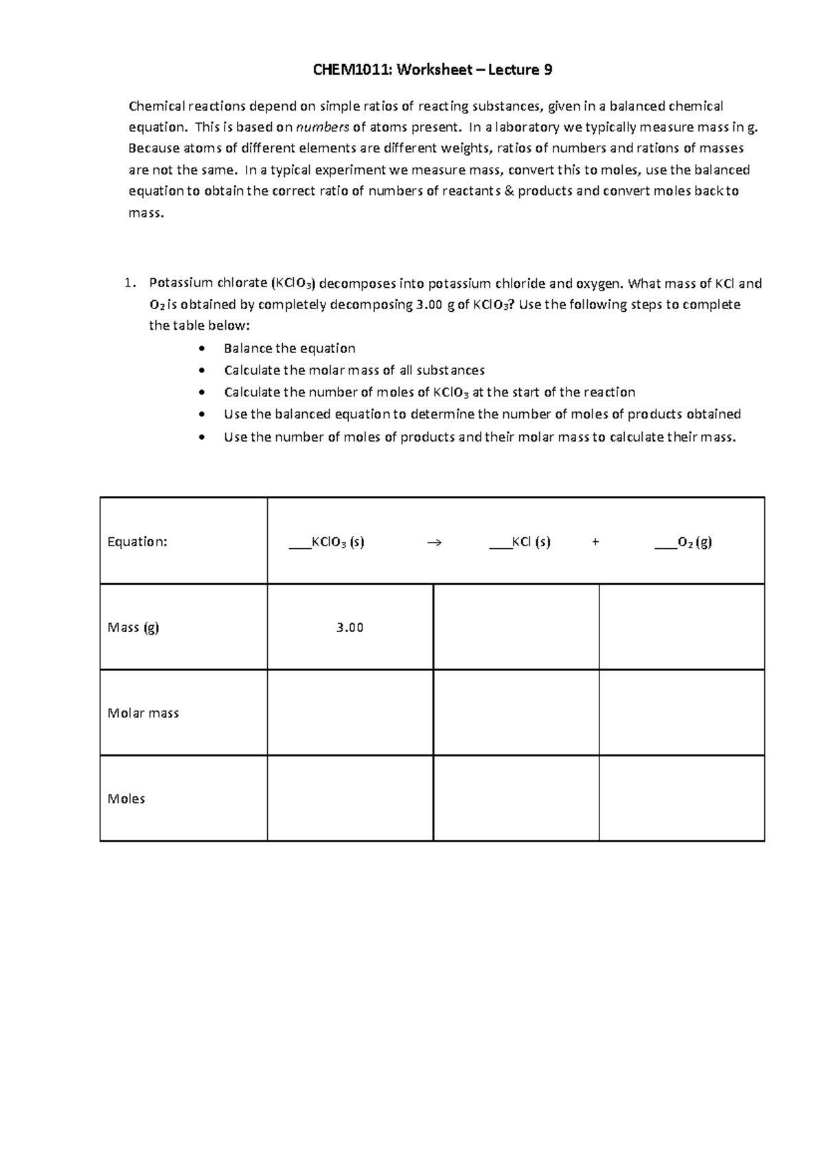 CHEM1011: Worksheet 09 on Chemical Reactions and Ratios - Studocu