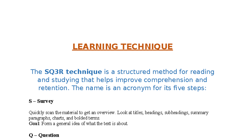 LEARNING TECHNIQUE: Mastering the SQ3R Method for Study - Studocu