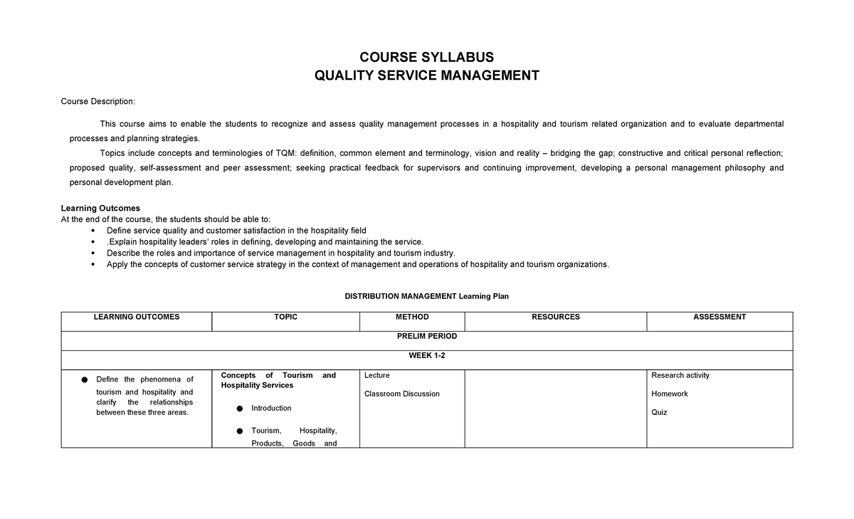 Quality Service Management Syllabus - Course Code: QSM 101 - Studocu
