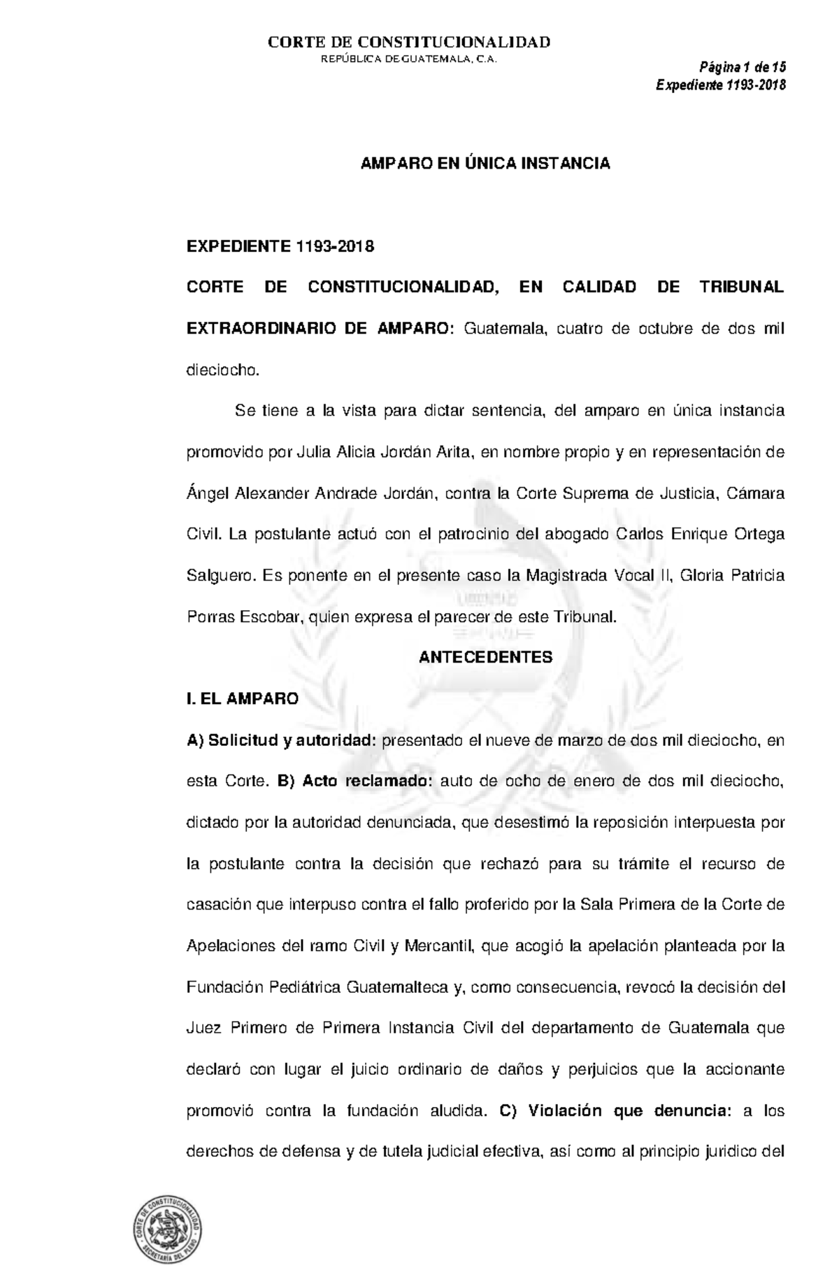 Amparo en Única Instancia: Caso Julia Alicia Jordán Arita vs. CSJ - Studocu