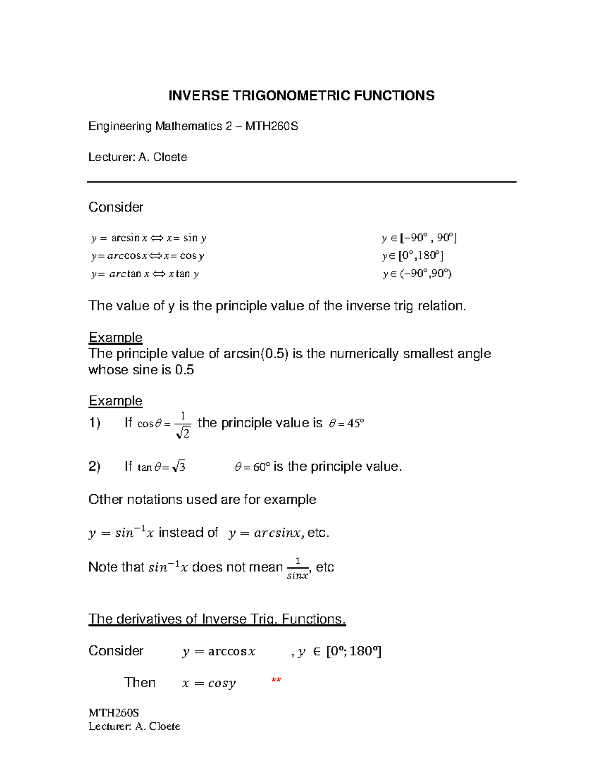 MTH260S: Inverse Trigonometric Functions Lecture Notes - Studocu