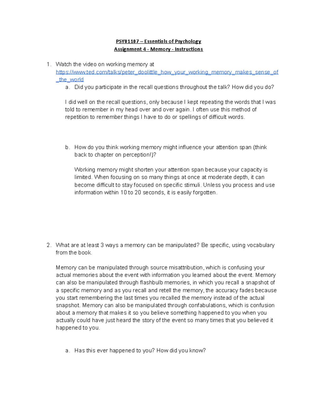 PSY01107 - Memory Assignment Analysis and Techniques for Recall - Studocu