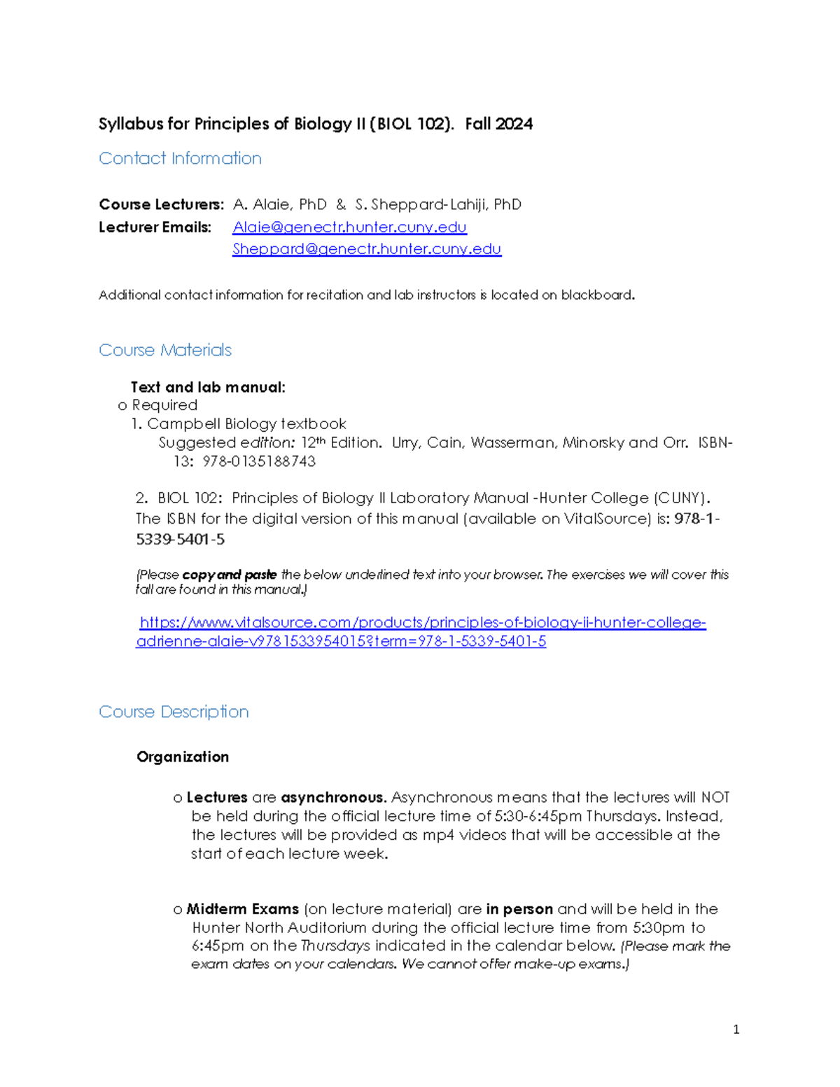 BIOL 102 Syllabus - Principles of Biology II for Fall 2024 - Studocu