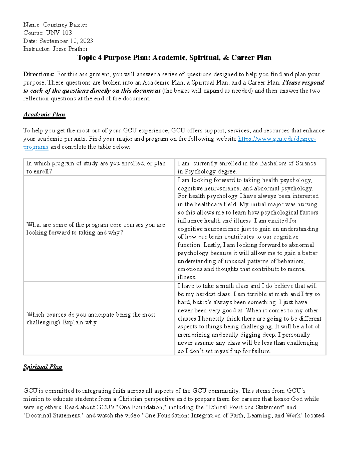 UNV-103-T4 Purpose Plan: Academic, Spiritual, & Career Insights - Studocu